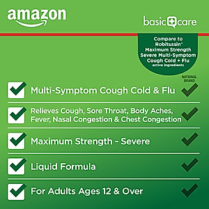 Amazon Basic Care Tussin Severe CF Max Syrup, Multi-Symptom Cough, Cold and Flu Liquid Medicine, Non-Drowsy, Relieves Cough, Sore Throat, Body Aches, Fever, Nasal and Chest Congestion, 8 fl oz