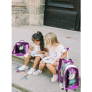 Egchescebo School Kids Rolling Backpack for Girls and Boys With Wheels Trolley Wheeled Backpacks for Girls Travel Bags 3PCS Girls and Boys Backpack With Lunch Box Purple