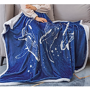 Zevrez Whale Blanket Navy Blue Whales Throw Blanket Flannel Fleece Sea Whale Pattern Blankets Whale Gifts and Decor for Sea and Whale Lovers (Whale 2, 48"x60")