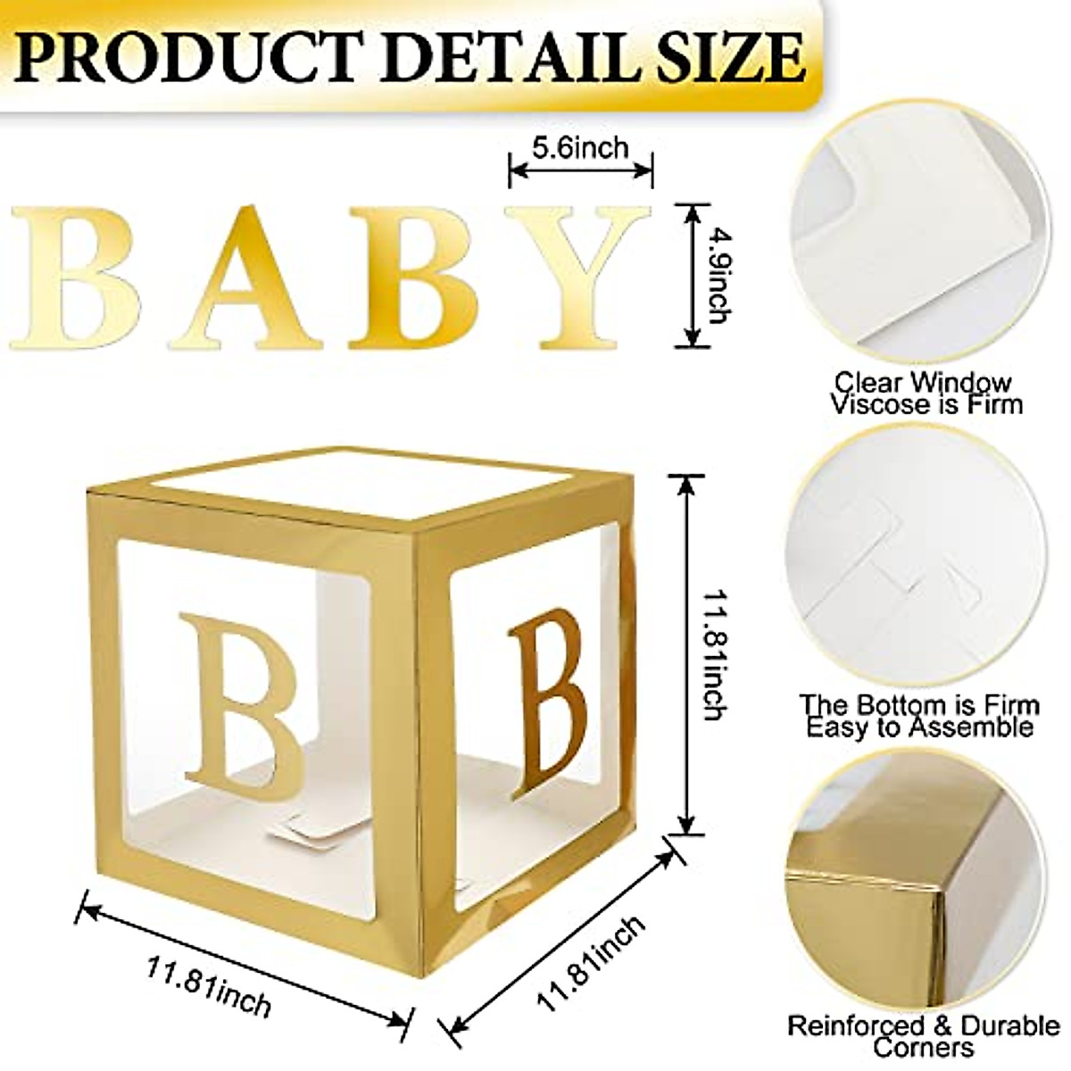 Keencopper Gold Baby Boxes with Letters for Baby Shower, Baby Shower Decorations for Boys or Girls, Transparent Balloon Boxes Clear Blocks for Birthday Party, Bridal Shower, Gender Reveal