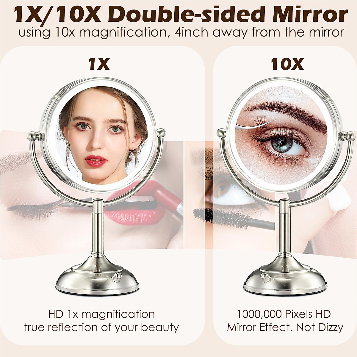 VESAUR 8.5" Large Tall Lighted Makeup Mirror, 1X/10X Magnifying Vanity Mirror with 3 Color Lights, 48 LEDs Adjust Brightness(0-1200Lux), Senior Pearl Nickel Swivel Cosmetic Mirror, Dual Power Supply