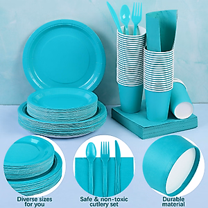 durony 350 Pieces Teal Blue Party Supplies Teal Blue Dinnerware Set Paper Plates Cup Napkins Serve 50 Guests for Birthday Wedding Baby Shower Party Family Picnic