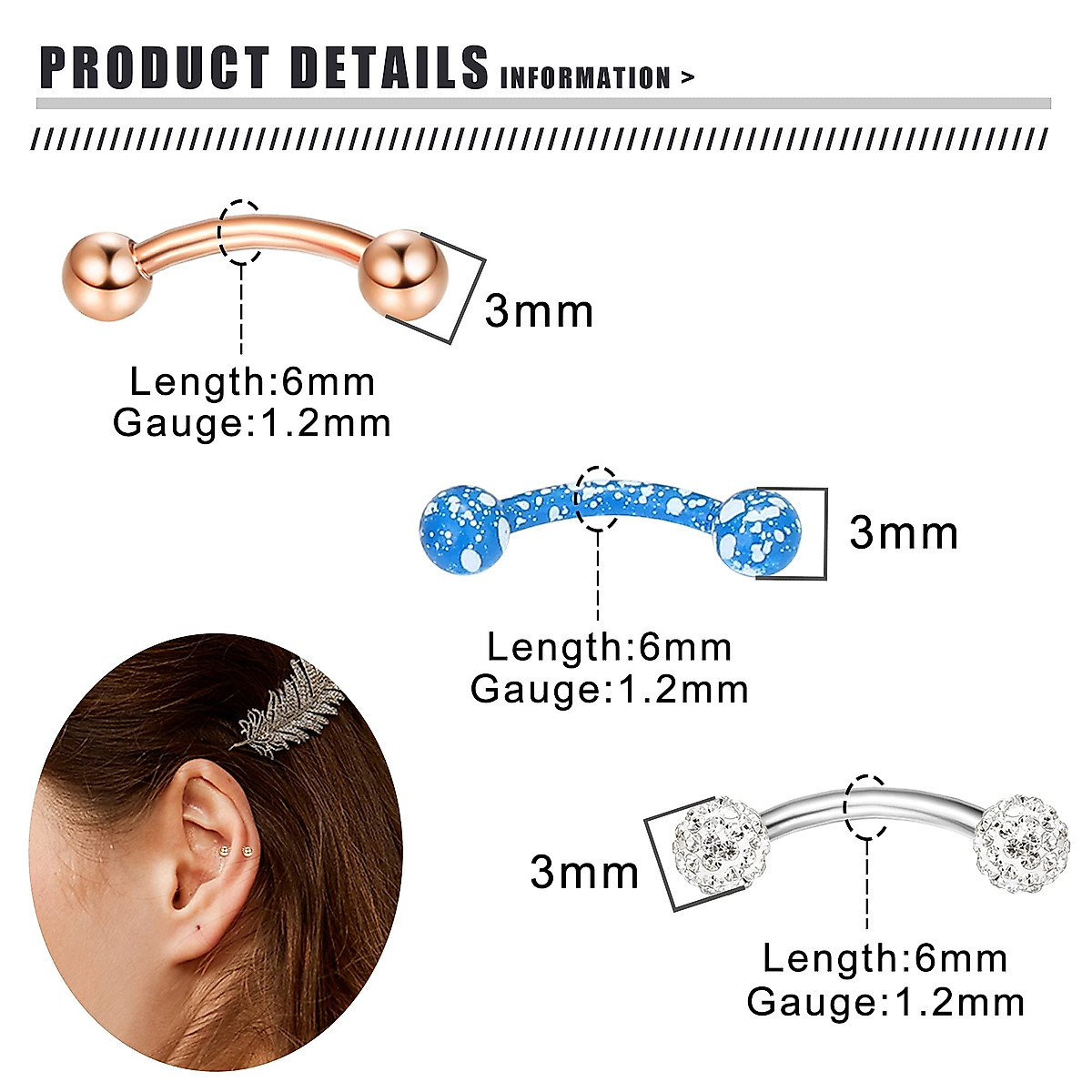 Drperfect Rook Daith Piercing Jewelry 16G Surgical Steel 6mm 8mm 10mm Curved Barbell Eyebrow Rings Helix Tragus Snug Lip Belly Button Piercing Rook Daith Earrings for Women Men