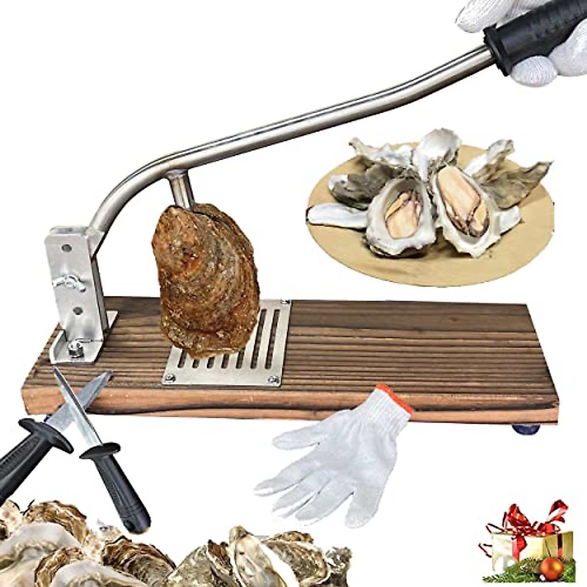 EGMOR Oyster Shucker Machine, Oyster Shucking Clam Shucker Opener Tool for Grilling Seafood Shucking Machine Free Of Charge Seafood Gloves And Knife Set-Upgrade, Silver, 18x5.9x4.7