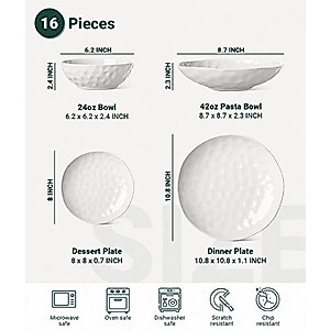HOMBENE Large Dinnerware Set 16 Piece Service for 4, Plates and Bowls Sets, High-fired at 2372°F, for Dessert Salad and Pasta, Dishes Set w/Cereal Bowls