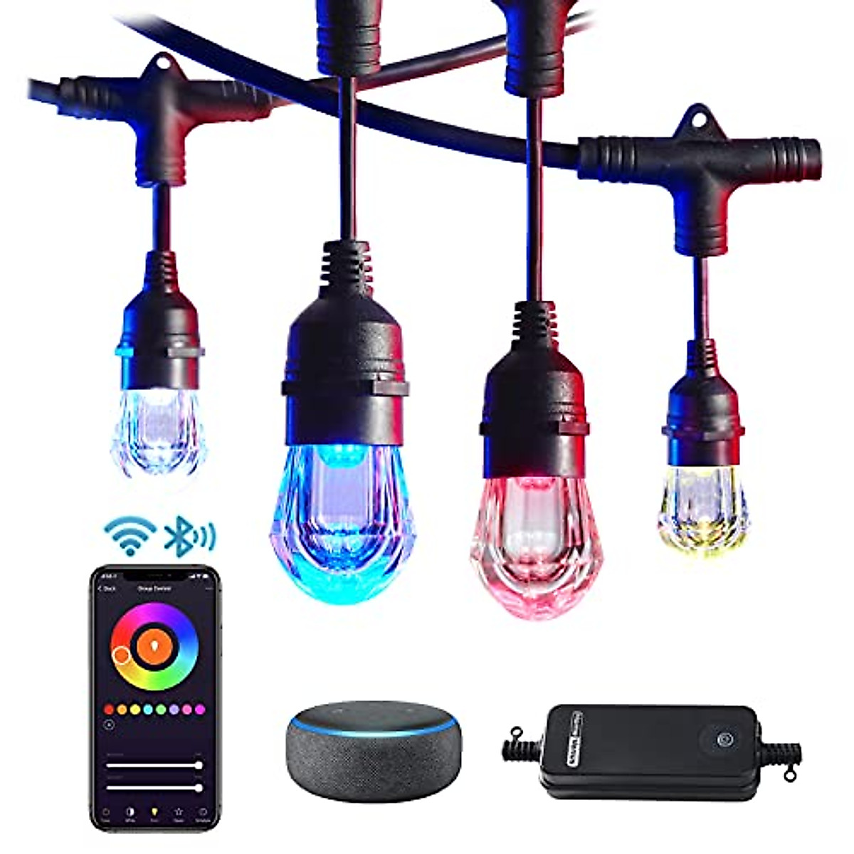 HVS Smart Outdoor String Lights LED 48Ft Color Changing RGBW Patio String Lights Infinite Connectable APP Control 2.4GHz WiFi Waterproof 24 Acrylic Work with Alexa Google for Party Outside Café