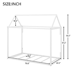 Metal Twin Size Montessori Floor Bed for Kids,Floor Bed Twin,House Bed with Slats for Boys Girls,Metal House Shape Platform Bed,No Spring Box Required,White