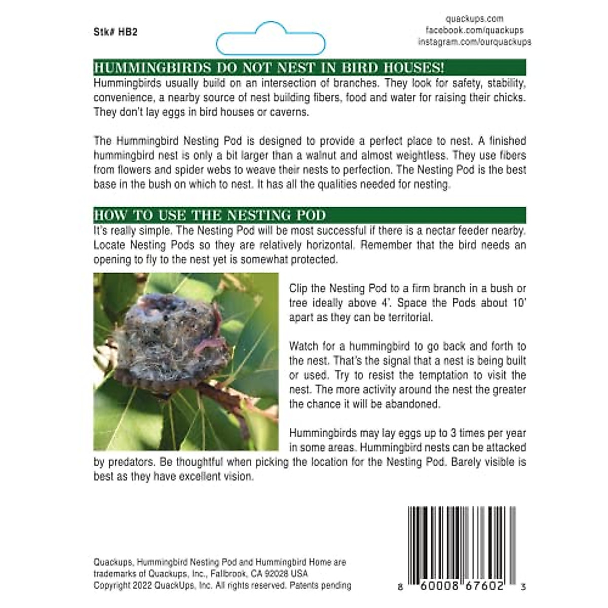 Quackups 2.6" Hummingbird Nesting Pods™, 2-Pk with Clips to Easily Attached on Branch for Outdoor Patio Garden Bird House