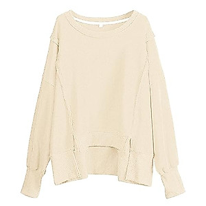 iHPH7 Womens Oversized Crewneck Sweatshirts Pullover Workout Tops Fall Long Sleeve Teen Girls Loose Outfits Preppy Cute Clothes Beige