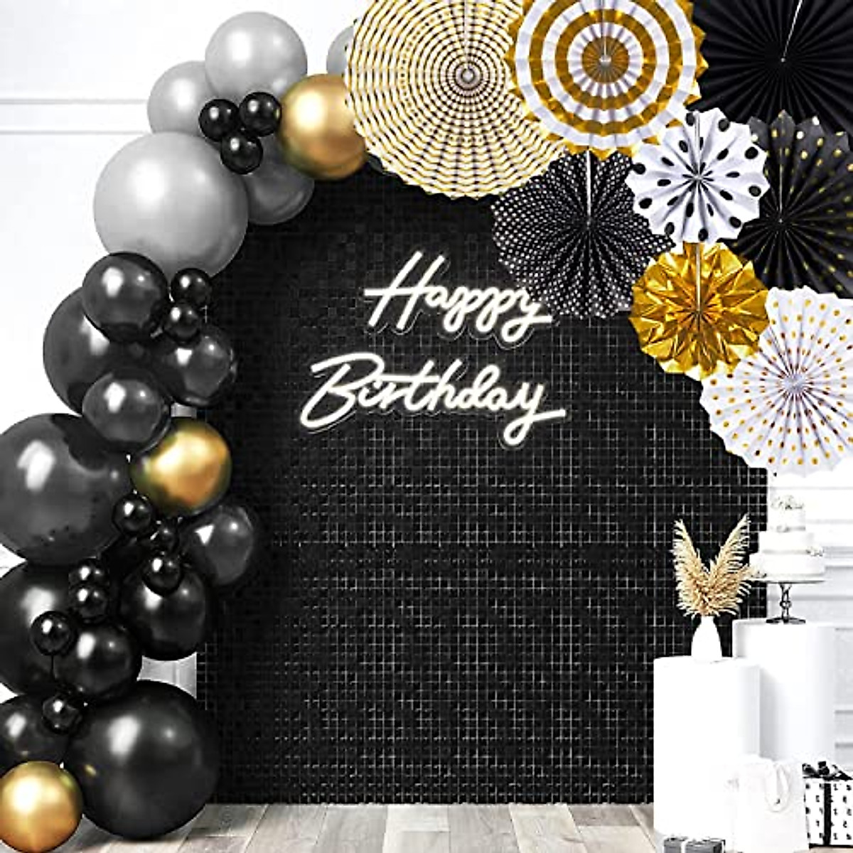 SUNBEAUTY Pack of 8 Gold Black Paper Fans Paper Fans Classroom Decoration Halloween Decoration Hanging Paper Fans Home Party Photo Backdrop Decorations