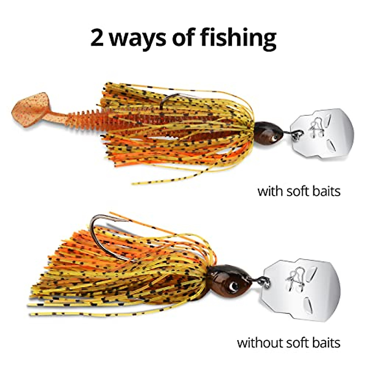 MadBite Bladed Jig Fishing Lures, 5 pc Multi-Color Kits, Irresistible Vibrating Action, Sticky-Sharp Heavy-Wire Needle Point Hooks, Popular 3/8 oz Sizes, includes Storage Box