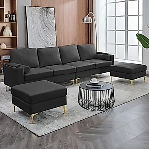 ijuicy U-Shaped Convertible Sectional Sofa Couch,115" Linen Fabric Modular Sofa Set/6 Seater Sofa with Movable Storage Ottomans,Storage Armrest,Pillows and Cup Holders for Living Room(Dark Grey)