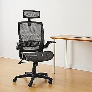 Amazon Basics Ergonomic Adjustable High-Back Chair with Flip-Up Arms and Headrest, Contoured Mesh Seat - Grey, 25.5"D x 26.25"W x 45.5"H