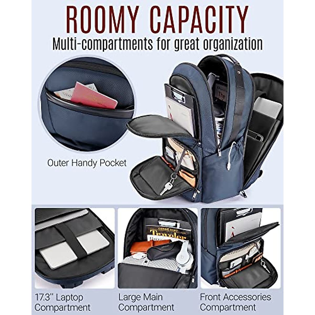 LIGHT FLIGHT Laptop Backpack for Men, Travel Backpack for Men Women bag with Charging Port Fits 17.3 Inch Computer, 40L Back Pack for Business Work College, Dark Blue