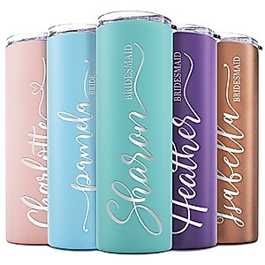Bridesmaid Gifts Set of 5, Personalized Bridesmaid Tumbler W/ Name and Title, - 8 Vivid Colors, 5 Designs - 20 Oz Engraved Skinny Tumbler W/ Straw Set, Bridal Shower Gift, Bridesmaid Proposal Gifts
