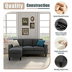 Yattem Convertible Sectional Sofa Couch, 3Seat L-Shaped Sectional Sofa Couch,Dark Gray Linen Sofa Furniture Sets with Reversible Storage Ottoman & Storage Pockets for Living Room Apartment Small Space