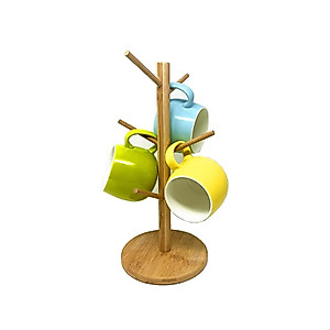 Tsyware Bamboo Wood Mug Rack Tree, Organic Bamboo Mug Holder, Mug Hook, Removable Mug Stand,Coffee Tea Cup Dryer with 6 Hooks，Decoration Counter Coffee Bar Accessories