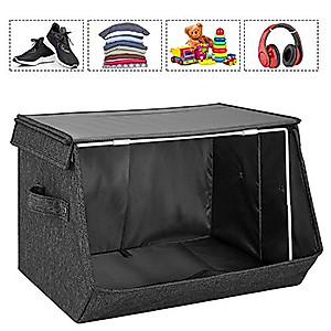 i BKGOO Set of 2 Stackable storage bins,Linen Fabric Foldable Storage Organizer Cubes Box whits Lids and Own-Handle Storage Organizer Bins for Home Office Nursery Dark gray 15x10.5 x10inch