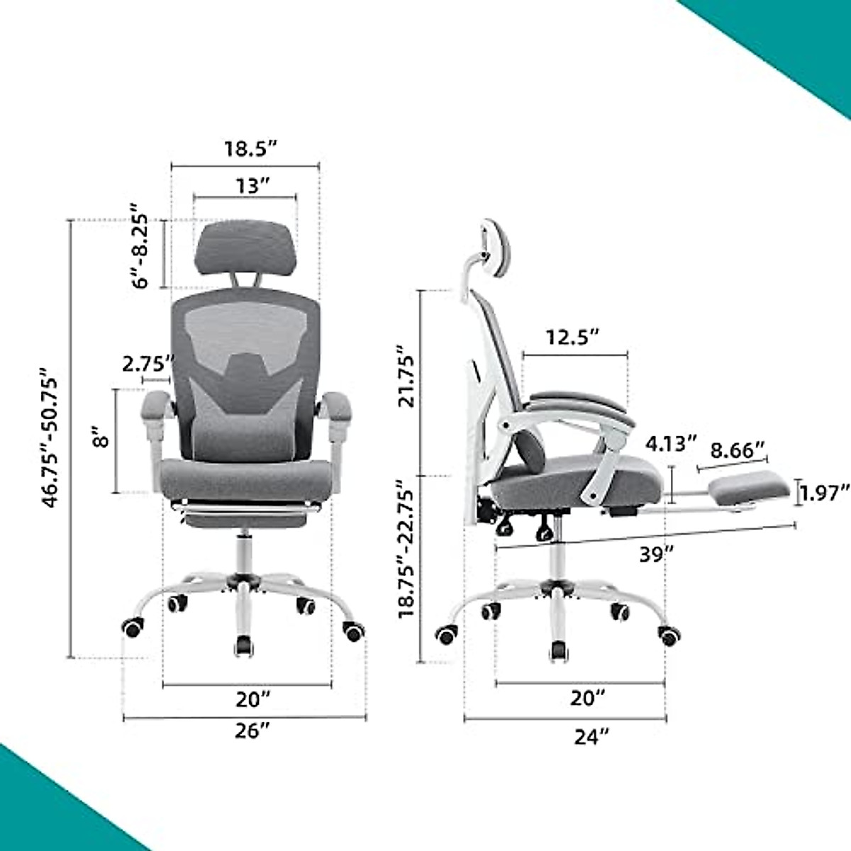 Ergonomic Office Chair, Reclining High Back Mesh Chair, Computer Desk Chair, Swivel Rolling Home Task Chair with Lumbar Support Pillow, Adjustable Headrest, Retractable Footrest and Padded Armrests