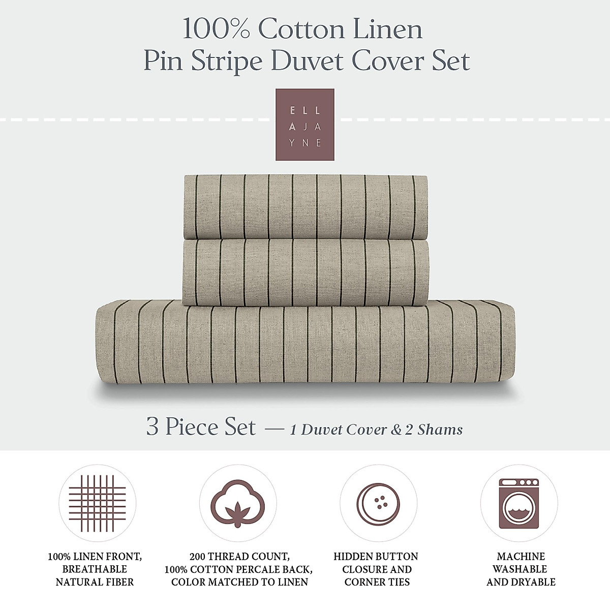 Ella Jayne Luxury 100% French Linen Duvet Cover (3pcs), Coastal Summer Linen Duvet Cover, Linen Bedding Queen, Linen Comforter King, Premium Linen Duvet Cover King (Pin Stripe - Black, Full/Queen)