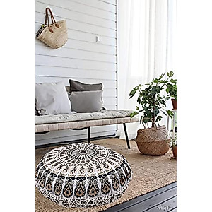 Shubhlaxmifashion Mandala Floor Pillow Cushion Seating Throw Cover Hippie Decorative Bohemian Ottoman Poufs, Pom Pom Pillow Cases,Boho Indian (32 Inches, Gold Black)