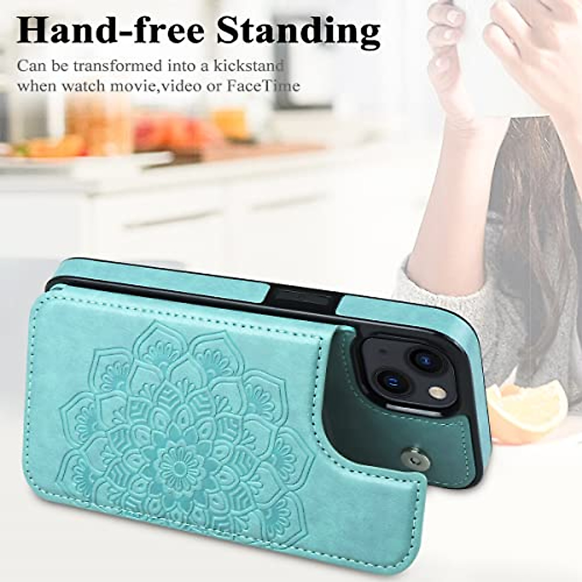 MMHUO for iPhone 14 Plus Case with Card Holder, Flower Magnetic Back Flip Case for iPhone 14 Plus Wallet Case for Women, Protective Case Phone Case for iPhone 14 Plus,Mint