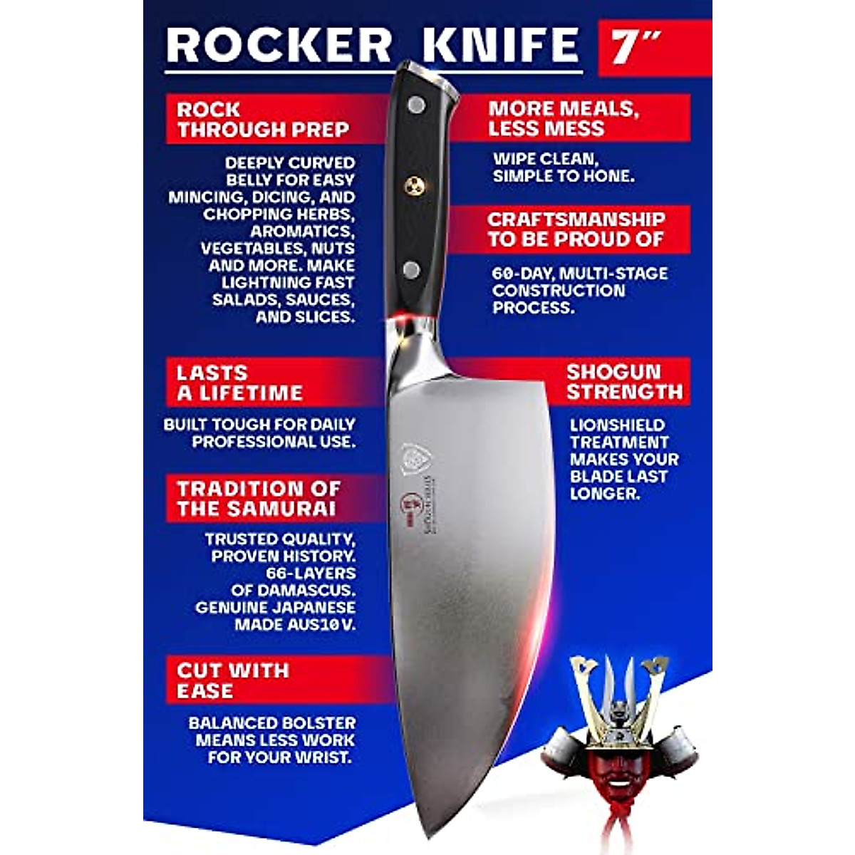 Dalstrong Shogun Elite Series Damascus Japanese AUS-10V Super Steel 67 Layers Rocker Vegetable Kitchen Knife, 7 Inches, Sheath Included