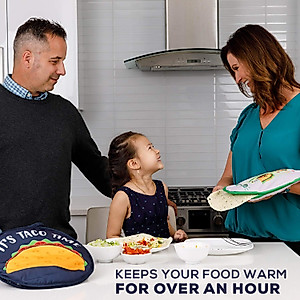 Microwaveable X-Large Tortilla Warmer Pouch 2 Pack - 2 Fun Designs "Taco Time" & "Mexican Food" to make taco night special. 12 Inch in Diameter Microwave Corn or Flour Tortillas, Pizza, Naan Bread