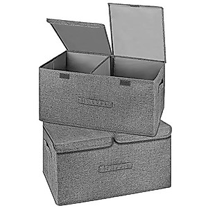 Valease 2 Pack Large Storage Boxes with Lids and Handles, Collapsible Linen Storage Bins Organizer Containers Baskets Cube with Removable Divider for Home Bedroom Closet Office (Grey, Large)