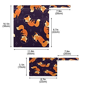 2pcs Wet Dry Bag Cute Fox Animal Space Star Cloth Diaper Bags Waterproof Wet Bags Washable Wet Dry Organizer Pouch with Two Zippered Pockets for Swimsuits Travel Hiking Baby Stroller