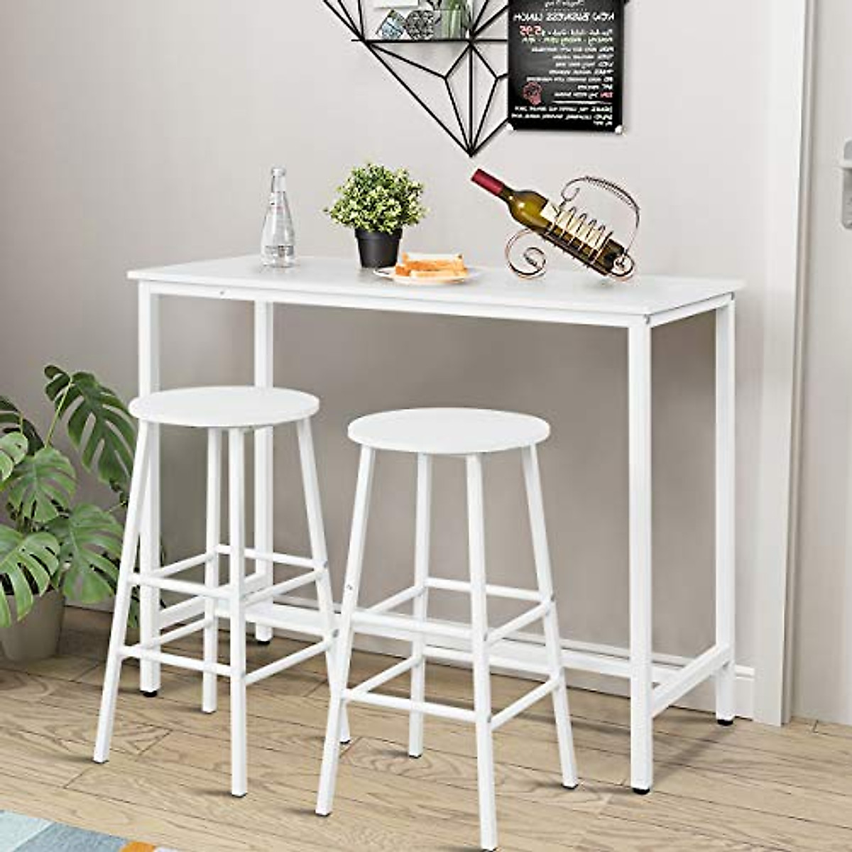 COSTWAY 3-Piece Pub Table Set, Bar Table with 2PCS Backless Bar Stools, Fashionable Simple Style, Kitchen Counter Height Dining Design, Breakfast Table Set for Kitchen, Restaurant, Small Space (White)