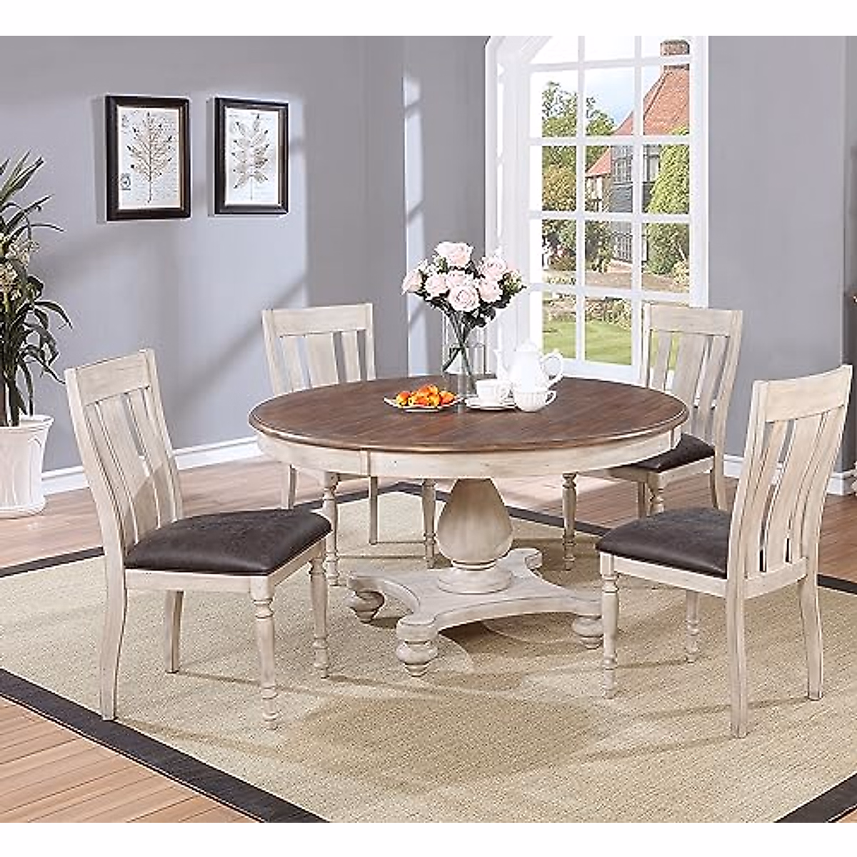 Roundhill Furniture Arch Solid Wood Dining Set: Round Table, Four Chairs, Distressed White and Dark Oak