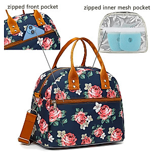 FlowFly Insulated Lunch Bag With Shoulder Strap for Women, Men, and Kids, Large and Reusable, Handle, Freezable Work and School Travel Tote and Meal Prep Organizer,Peony