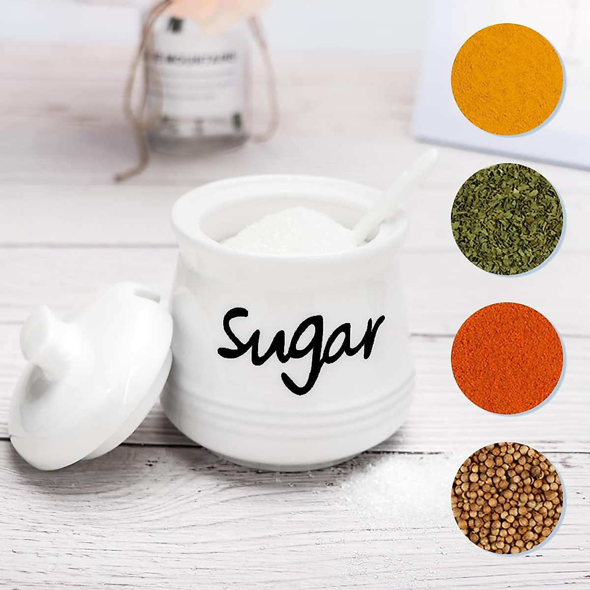 Swetwiny Ceramic Sugar Bowl with Lid and Spoon, 12 Ounces Porcelain Sugar Jar Sugar Dispenser, Sugar Container for Home and Kitchen Decor (White)