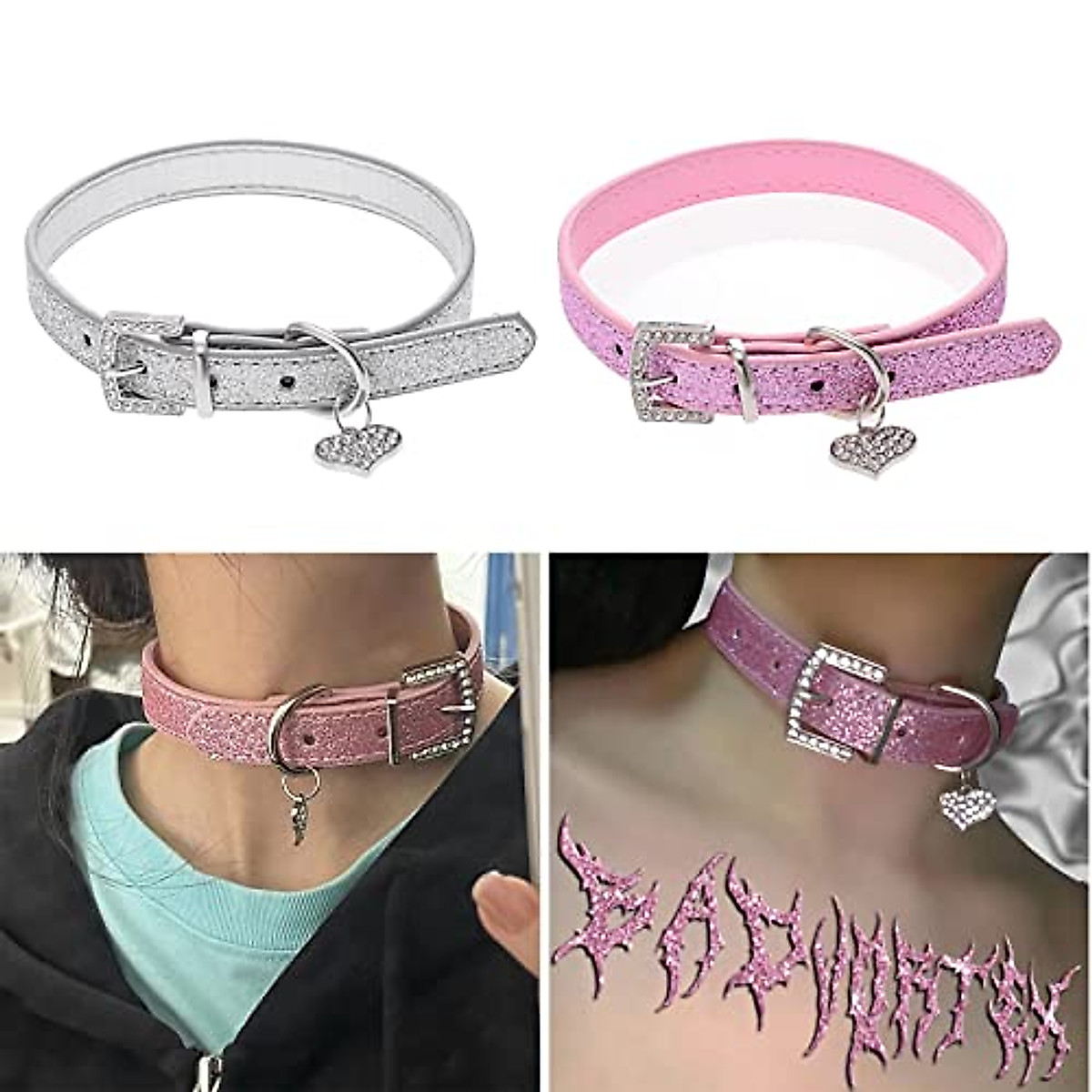 Collar with Heart Pendant PU Leather Comfortable Kitten Collars Adjustable Length Small Pets Supplies Pink & Silver pet Collars for Dogs Girl