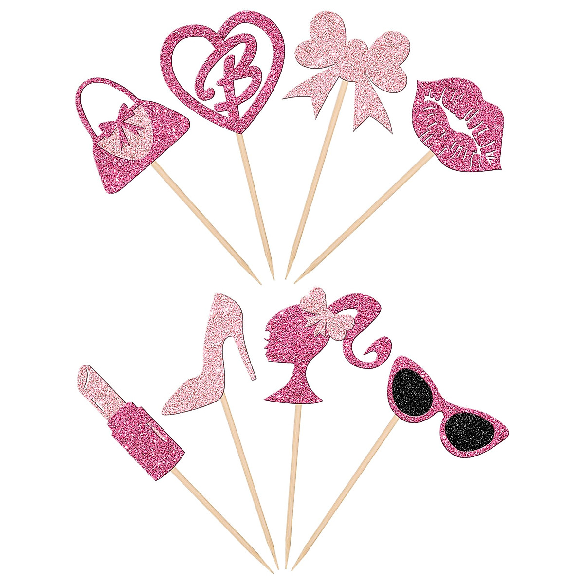 24 PCS Princess Cupcake Toppers Glitter Pink Girl Cupcake Picks Handbag Glasses Bow Lipstick Tie High Heel Cake Decorations for Wedding Bridal Shower Baby Shower Birthday Party Supplies