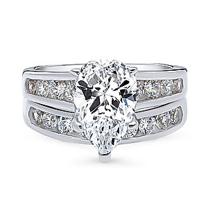 BERRICLE Sterling Silver Solitaire Wedding Engagement Rings 3 Carat Pear Cut Cubic Zirconia CZ Ring Set for Women, Rhodium Plated Size 8