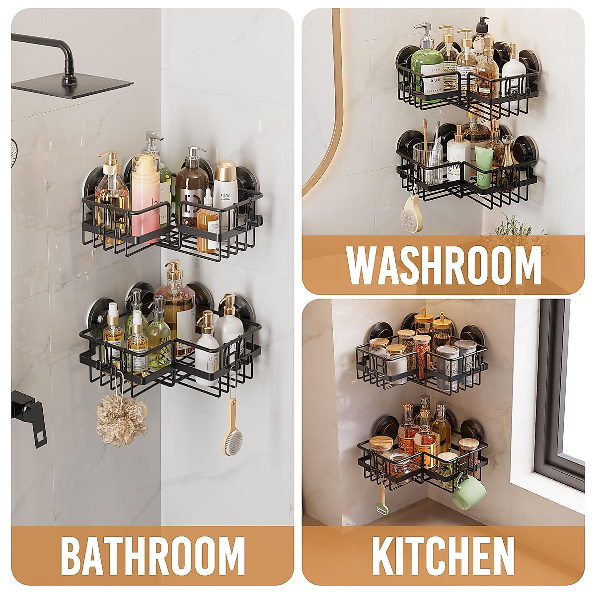 LEVERLOC Angle-adaptive Suction Cup Shower Caddy with Hooks, Heavy Duty Stainless Steel Shower Basket Organizer for Bathroom, Drill-Free Removable Rustproof Shower Rack, Black, 2 Pack