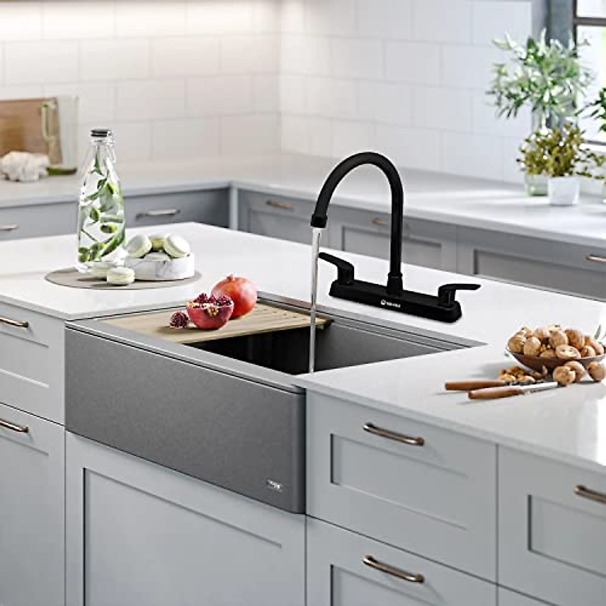 SOLVEX 2 Handle Kitchen Sink Faucet, Matte Black High Arc 360 Swivel Stainless Steel Pipe 3 Hole Kitchen Faucet, Commercial Modern Chrome Kitchen Sink Faucet, SP-80066-N