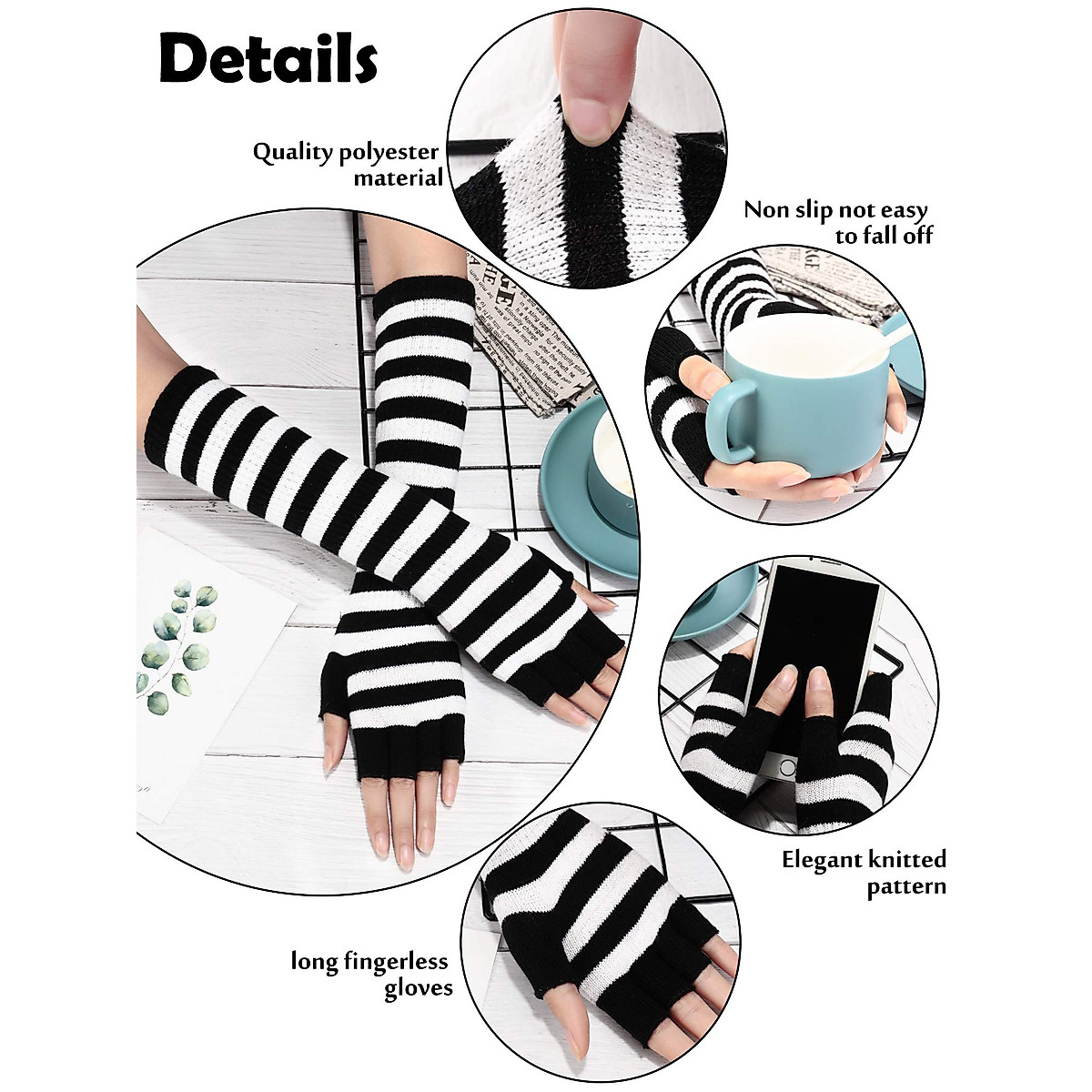 SATINIOR 4 Pairs Winter Long Fingerless Gloves Elbow Length Gloves Arm Warmer for Women (Black, Light Grey, Black White Stripe, Black Dark Grey Stripe, 11.8 Inch)