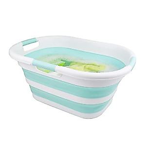 SAMMART 40L (10.5 gallon) Collapsible Plastic Laundry Basket - Foldable Pop Up Storage Container/Organizer - Portable Washing Tub - Space Saving Hamper/Basket (White/Lake Green)