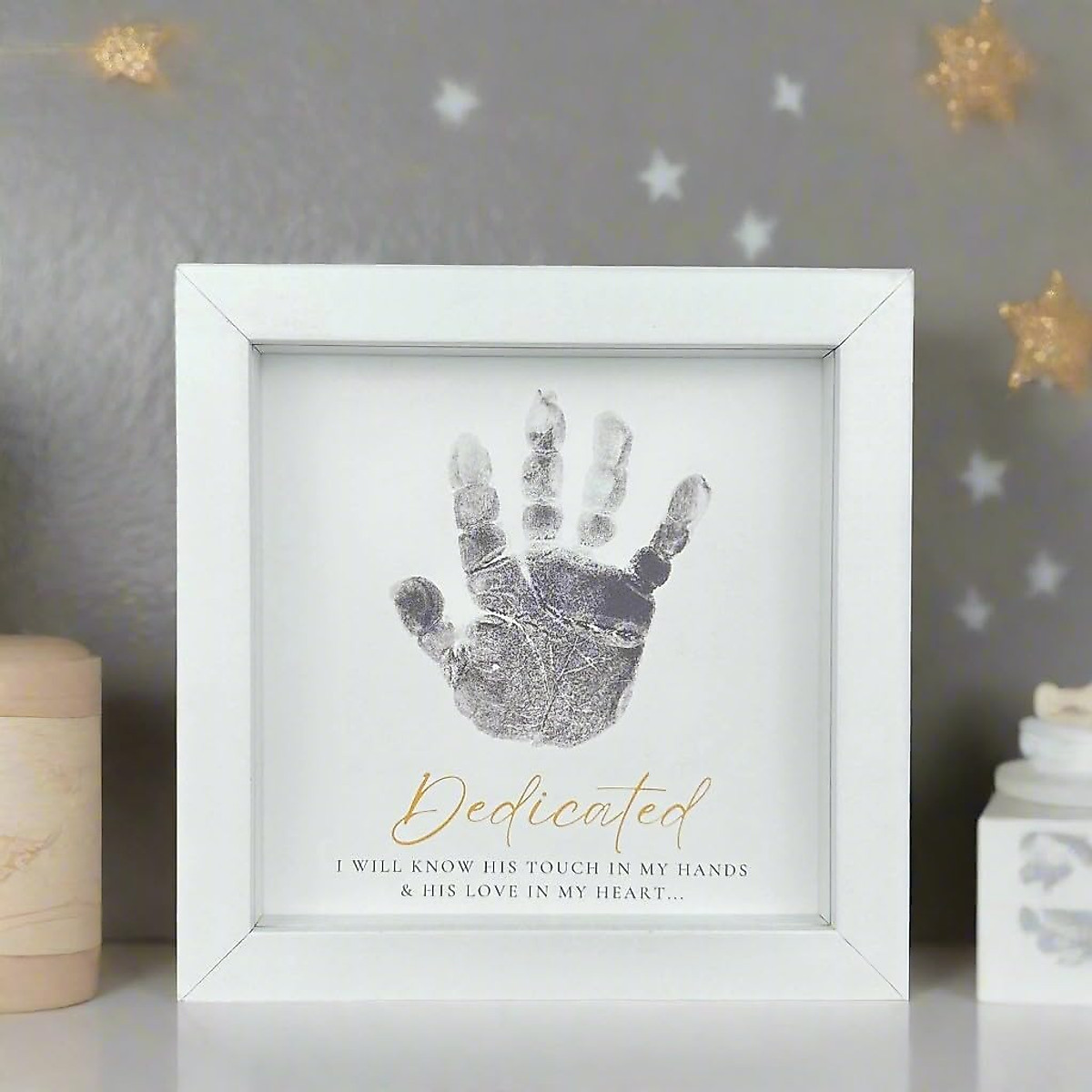 The Grandparent Gift Company- White Shadowbox Frame 6 x 6 Table or Shelf Frame with “Dedicated” Sentiment- Baby Handprint Dedication Gifts