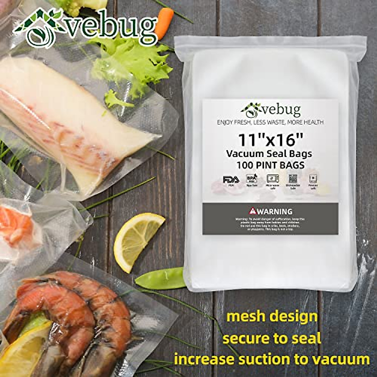 VEBUG Vacuum Sealer Bags Quart Size 100 Gallon 11x16Inch Seal a Meal BPA Free Heavy Duty Commercial Grade Great for vac storage Meal Prep or Sous Vide