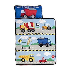 Baby Boom Funhouse Construction Area Trucks Kids Nap Mat Set – Includes Pillow and Fleece Blanket – Great for Boys Napping during Daycare or Preschool - Fits Toddlers, Blue