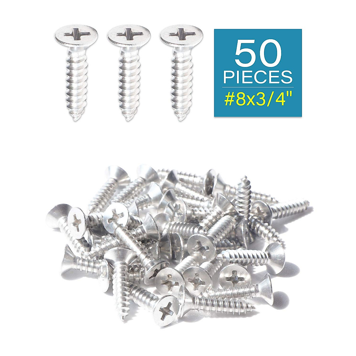 #8 x 3/4" Stainless Flat Head Phillips Wood Screws (50pcs) 18/8 Stainless Steel 304 Countersunk Self Tapping Screw | by IMSCREWS