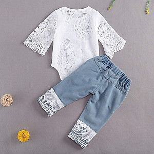 AvoDovA Baby Girls Pants Set Ruffles Sleeve Lace Romper + Denim Ripped Jeans Outfits (White,6-12 Months)