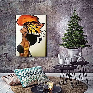 Framed African American Wall Art Homesick African Woman Posters Canvas Painting Black Girl Abstract African Sunset Landscape Wall Decor Picture Prints Art for Living Room Bedroom Home Decoration