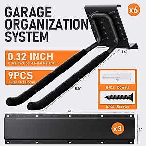 INCLY Garage Organization, 48 Inch Garden Tool Organizer Wall Mount Load 360lbs, Heavy Duty Garage Storage Rack with 3 Rails and 6 Adjustable Hooks for Hanging Yard Tool, Shovels, Rakes, Chairs