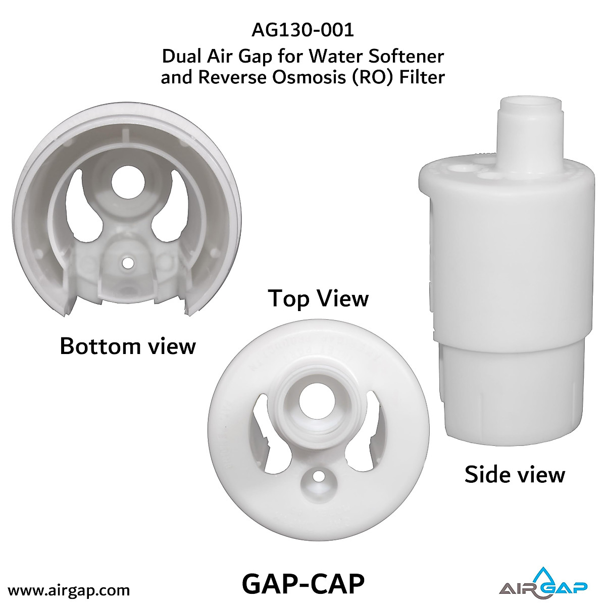 Dual Air Gap for Water Softener and Reverse Osmosis with 5/8 or 1/2-inch and 3/8 or 1/4-inch inlets, 1-1/2 or 2-inch Standpipe (8500, GAP-CAP, AG130-001)