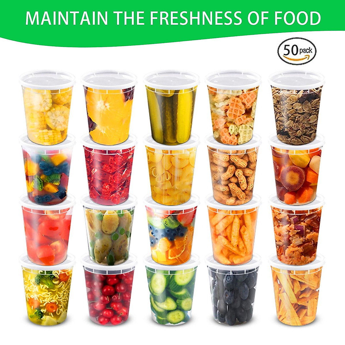 ulafbwur Deli Containers with Lids, 50-Pack Heavy-Duty Stackable Reusable Airtight Plastic Food Storage Container for Meal Prep, Freezer & Microwave Safe (50 Set Combo). L